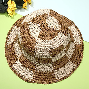 Sun Hats Checkerboard Straw Bucket Hat for Women Packable Crochet Wide Brim Floppy Beach Hats Traveling Summer Accessories (Beige)