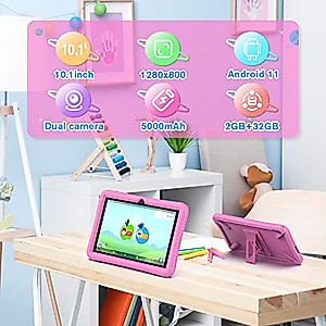 TOSCiDO 10 inch Kids Tablet,Android 11 Tablet for Kids,32GB ROM, Quad Core Processor,IPS HD 1280 * 800 Display,Parental Control,WiFi,Dual Cameras with Kids Tablet Case - Pink