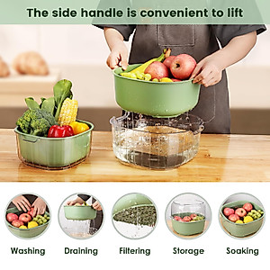 8.2 Quart Large Strainers and Colanders,3 Sets Plastic 2 in 1 Double Layered Strainers for Kitchen,BPA Free Fruits and Vegetable Washing Basket,for Pasta Salad Berry Cleaning Mixing (Green)