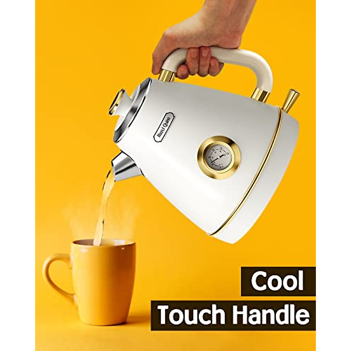 Hazel Quinn Retro Electric Kettle - 1.7 Liters / 57.5 Ounces Tea Kettle with Thermometer, All Stainless Steel, Fast Boiling 1200W, BPA-free, Cordless, Rotational Base, Automatic Shut Off - Pearl White