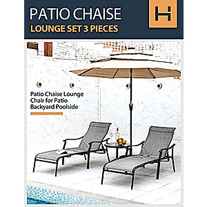 HAPPATIO Patio Chaise Lounge Set 3 Pieces,Patio Lounge Chair with Glass Coffee Table,Pool Lounge Chair with Breathable Textilene Fabric,Patio Chaise Lounge Chair for Patio Backyard Poolside(Gray)