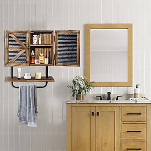 Butizone Small Bathroom Wall Cabinet, 17x21'' Barndoor Medicine Cabinet Wall Mount, 3 Tier Rustic Bathroom Storage Cabinet Over Toilet with Adjustable Shelf and Towel Bar for Bathroom Laundry Room