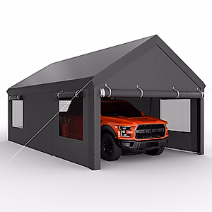 JAMFLY Carport, 12x20 ft Heavy Duty Carport Canopy with Roll-up Windows, Portable Garage with Removable Sidewalls & Doors, Car Canopy with All-Season Tarp for Car, Truck, Boat