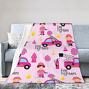 Girly Firefighters Cute Pink Fire Truck Throw Blanket Super Soft Warm Bed Blankets for Couch Bedroom Sofa Office Car, All Season Cozy Flannel Plush Blanket for Girls Boys Adults, 50"X40"