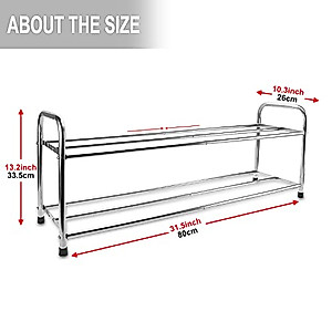 JIYAO 2-Tier Ultra Long Shoes Rack Stainless Steel Shoe Storage Organizer Stackable 8-Pair Storage Shelf for Bedroom, Bathroom Closet, Entryway, Dorm Room, W 10.3 x L 31.5 x H 13.2 in (2-Tier)