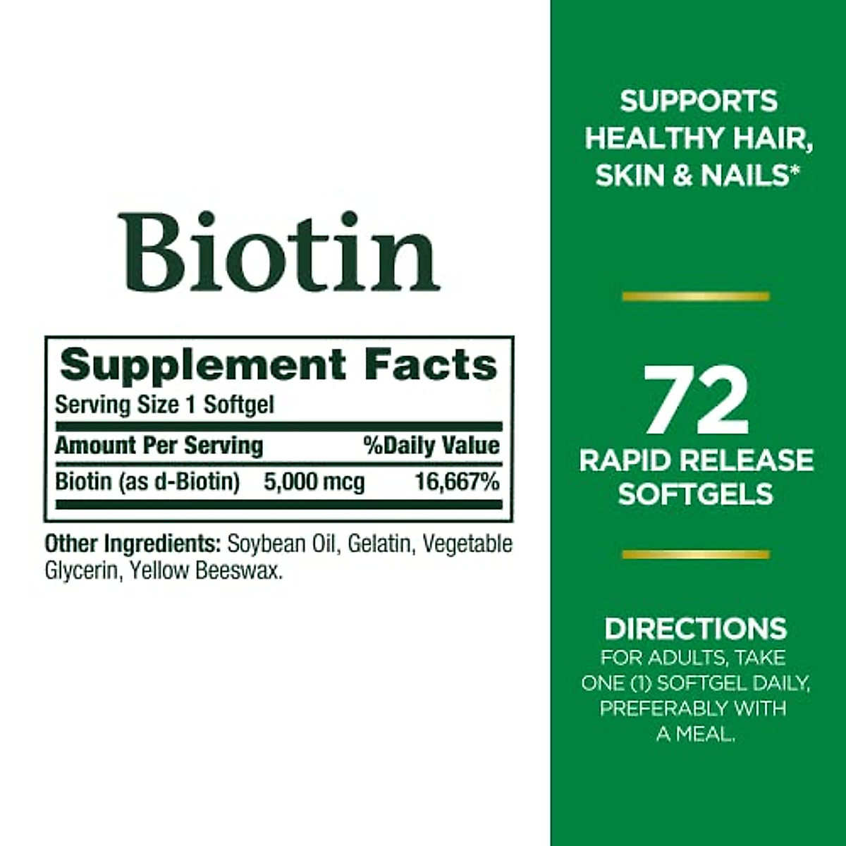 Nature's Bounty Biotin, Vitamin Supplement, Supports Metabolism for Energy and Healthy Hair, Skin, and Nails, 5000 mcg, 72 Softgels
