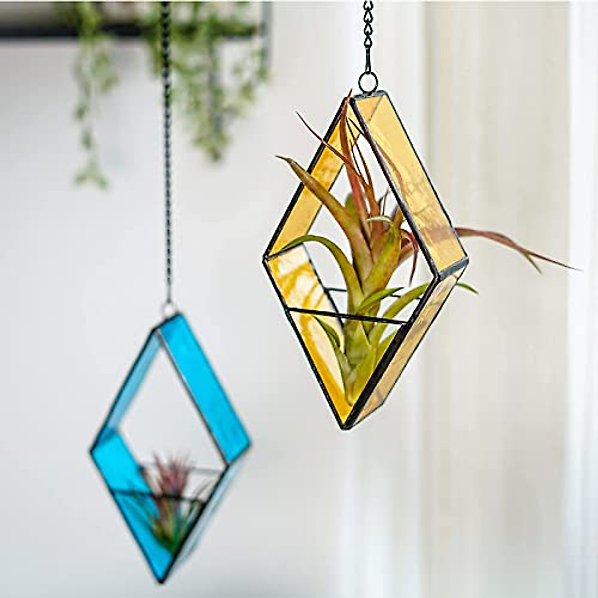 Stained Glass Terrariums Hanging, 2 Packs Geometric Window Planters with Chain for Windowsill Decor Small Succulent Tillandsia Glass Container Terrarium Minimalist Air Plant Holders