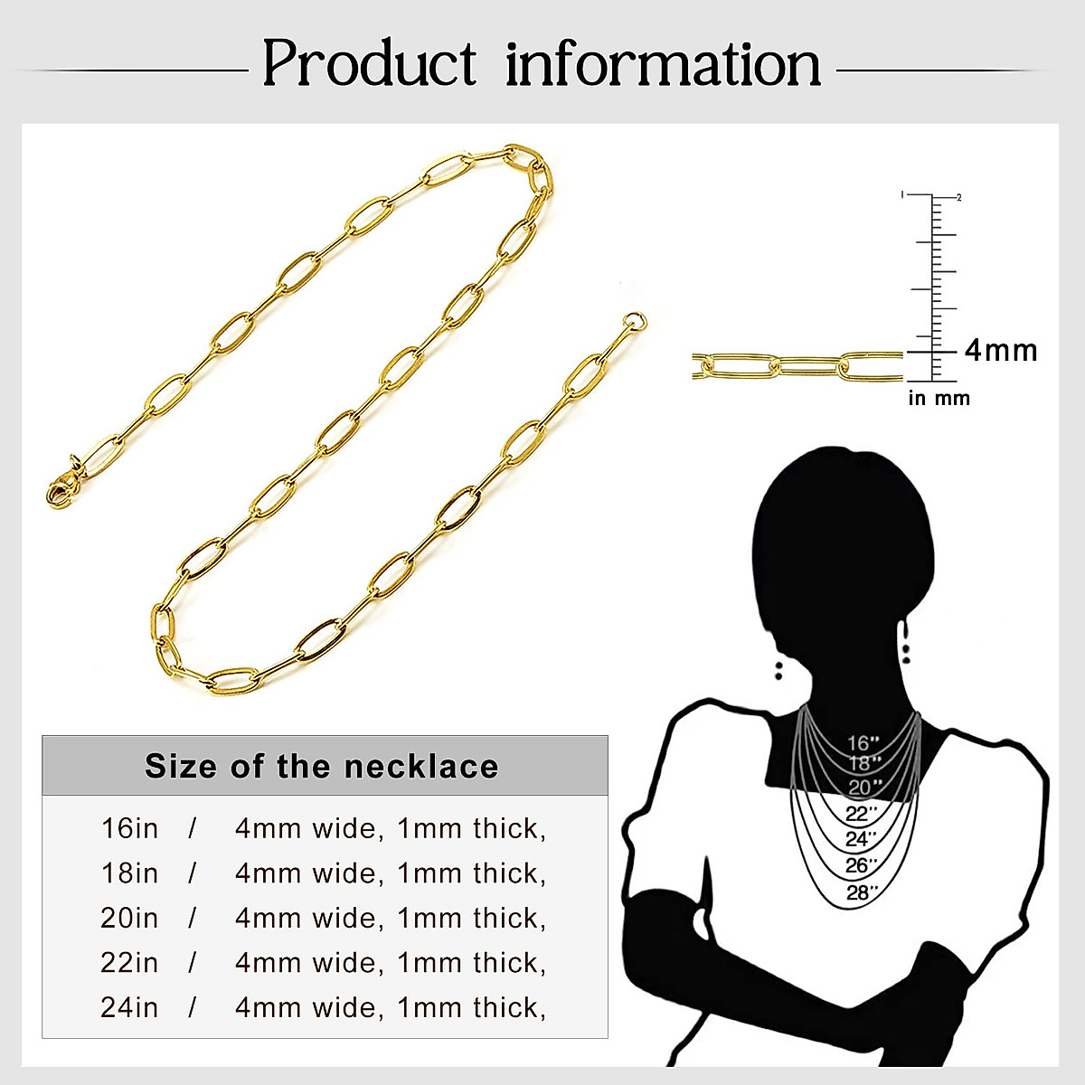 PICKBEAU 18K Gold Plated Paperclip Chain Necklace for Women 3.0MM Gold Chain Necklace, Chain Link Necklace for Men Women Unisex Multiple Length Size-18in