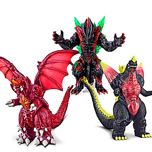 JAYKENIXO 3pcs Dragons Figures Monsters - 15" & 12" Head-to-Tail, Large Movable Joints Action Movie Series Soft Vinyl