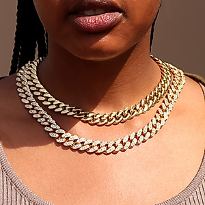 DLSIXNCO 2PCS Cuban Link Chain for Men Women Miami Cuban Link Chain Necklace Gold Silver Plated Bling Diamond Chain Trendy Choker Chain Necklaces Jewelry for Men (Gold, 16inch+18inch)