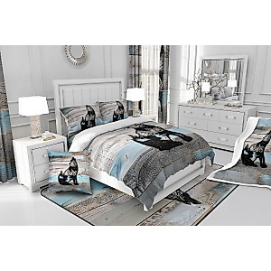 Wolf Duvet Cover Queen Rustic Farmhouse Style Bedding Set,Lodge Cabin Wood Comforter Cover Grey Blue Wooden Plank Woodland Wildlife Bed Set,Western Wild Animal Black Sketch Drawing Room Decor