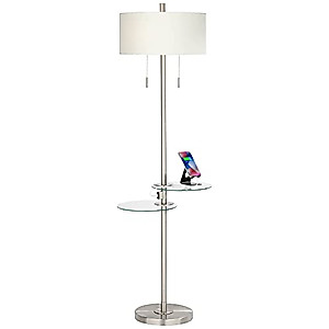 Possini Euro Design Concierge Modern Floor Lamps 63" Tall Set of 2 with Double Tray Table USB Charging Port Brushed Nickel Drum Shades Decor for Living Room Reading House Bedroom Home