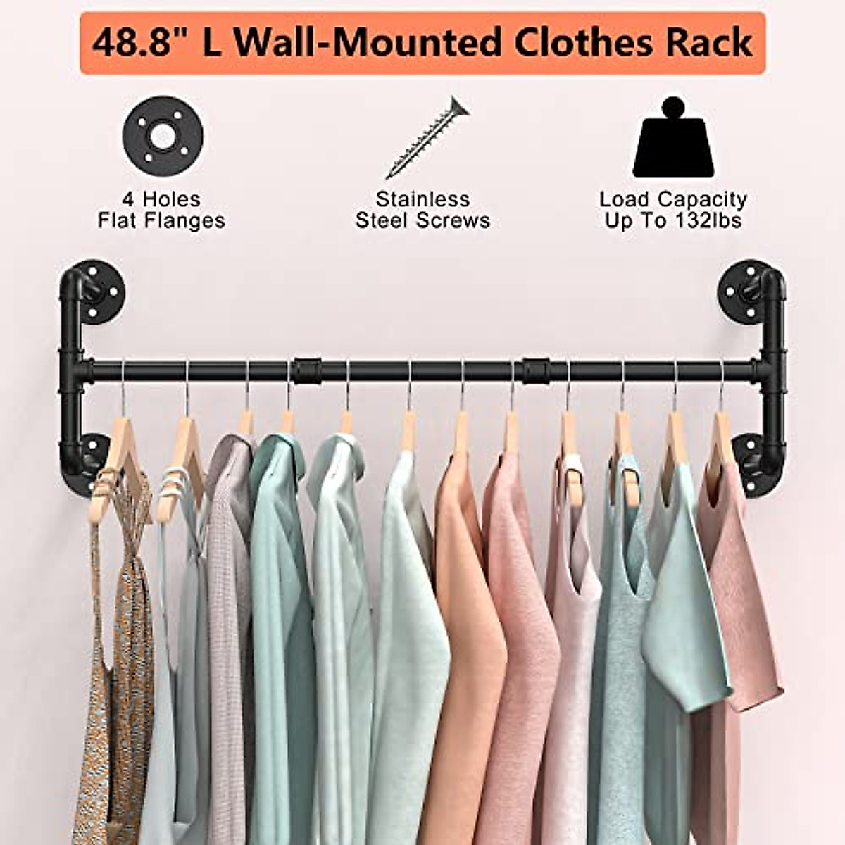 Industrial Pipe Clothes Rack for Hanging Clothes Coats Laundry Room Organizer Storage Hanger Shelf Space Saving, Long Handle Broom and Dustpan Set