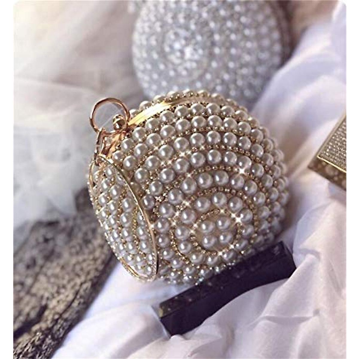 Tngan Womens Evening Bag Round Ball Wedding Handbag Artificial Pearl Purse Golden