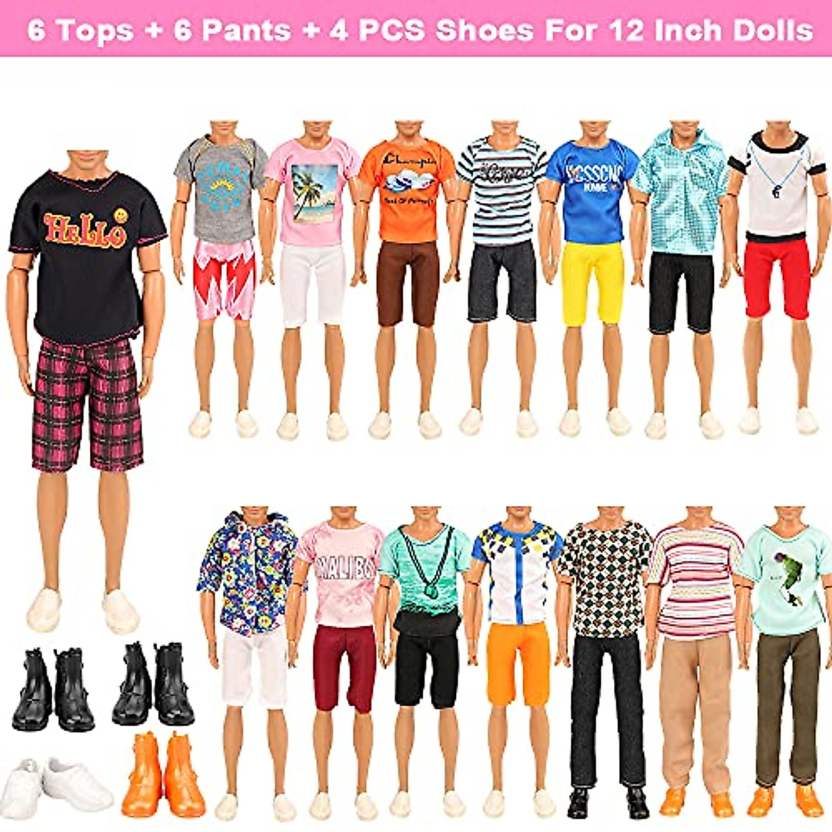 Miunana Lot 21 pcs Random Doll Clothes Shoes Set for 11.5 inch Doll, Includ 6 PCS Boy Clothes + 3 Girl Clothes + 3 Girl Fashion Skirts + 4 Pairs for Boy Shoes + 5 Pairs of Girl Doll Shoes