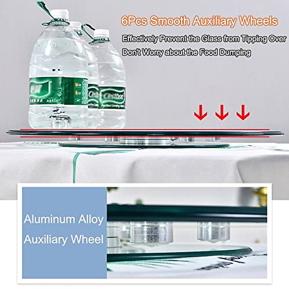 Transparent Rotating Serving Tray For Dining Table, 50-120CM Tempered Glass Lazy Susan Turntable, Round Table Top Rotating Tray Serving Plate With Anti-tilt Auxiliary Wheels Load Capacity 660Ib