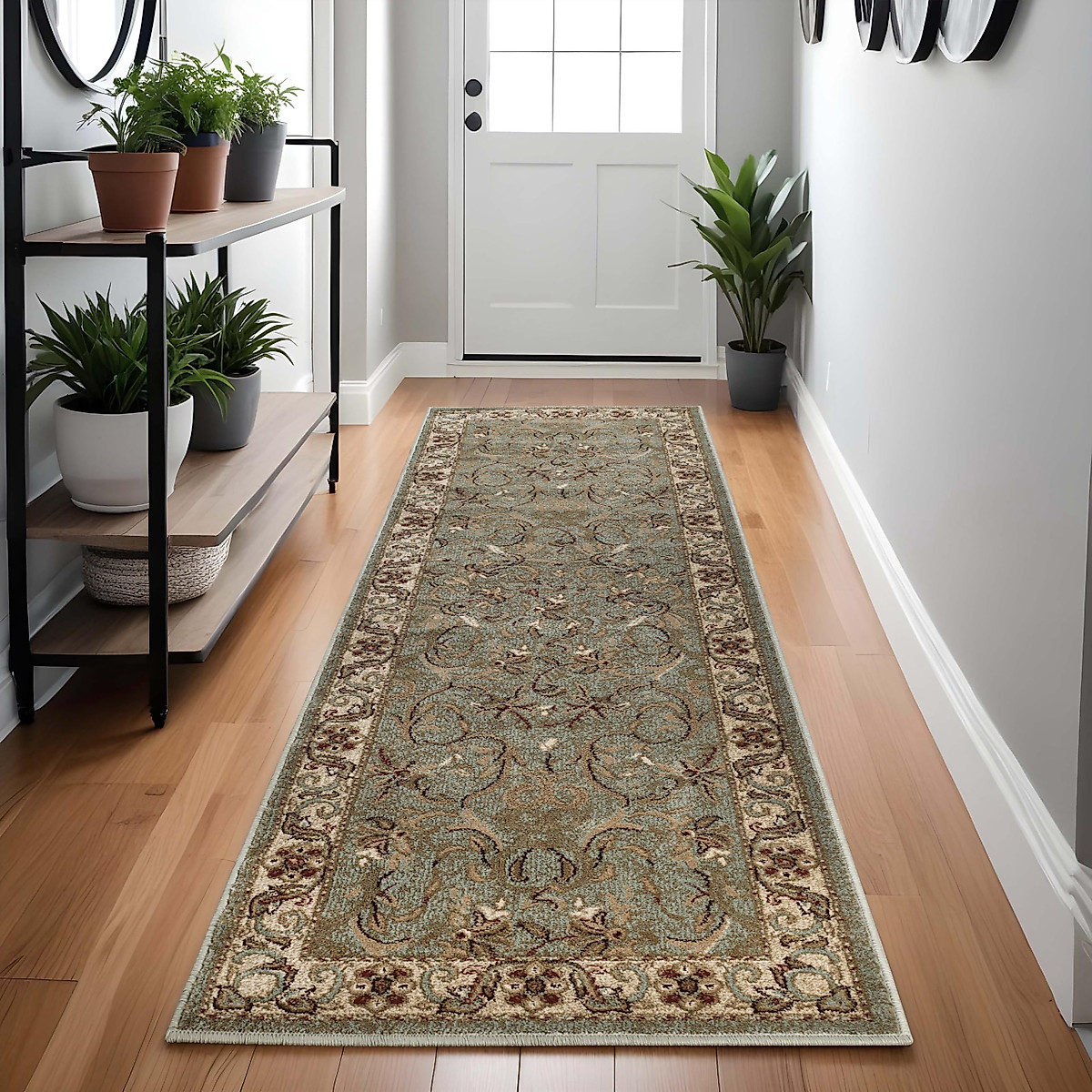 Superior Indoor Runner Rug, Jute Backed Rugs for Bedroom, Living/Dining Room, Office, Entryway, Hallway, Kitchen, Traditional Floral Scroll Floor Decor, Heritage Collection, Green, 2' x 11'