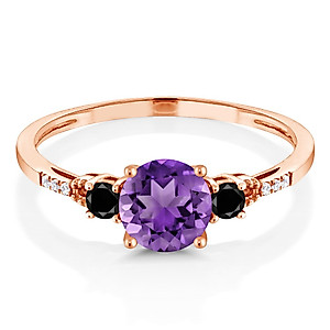 Gem Stone King 10K Rose Gold Purple Amethyst Black Diamond and White Diamond Accent 3-Stone Engagement Ring For Women | 0.87 Cttw | Gemstone Birthstone | Round 6MM & 2.5MM (Size 8)