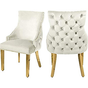Meridian Furniture Collection Modern | Contemporary Velvet Upholstered Dining Chair with Tufted Back and Gold Sturdy Stainless Steel Legs, Set of 2, 24" W x 25.5" D x 37.5" H, Cream