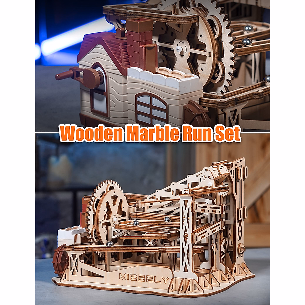 MIEBELY Electrical 3D Wooden Puzzles for Adults Craft Toys DIY Marble Run Model Building Kits Block Toys W/Motor, Mechanical Gear Engineering Kit Home Decor Hobbies Idea Christmas Day Gifts for Kids