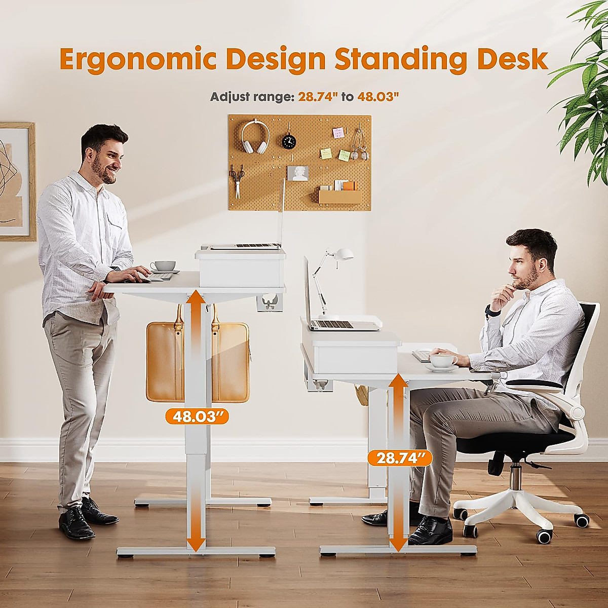Height Adjustable Electric Standing Desk with Storage Shelf Double Drawer, 48 x 24 Inch Stand up Desk, Sit Stand Desk with Splice Board, Standing Table White Frame/White Desktop for Home Office