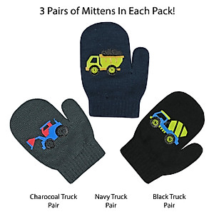 N'Ice Caps Kids Magic Stretch Gloves Mitten 3 Pairs Toddler Boys Girls Winter (2-4 Years, Trucks - Navy/Charcoal/Black Mittens)