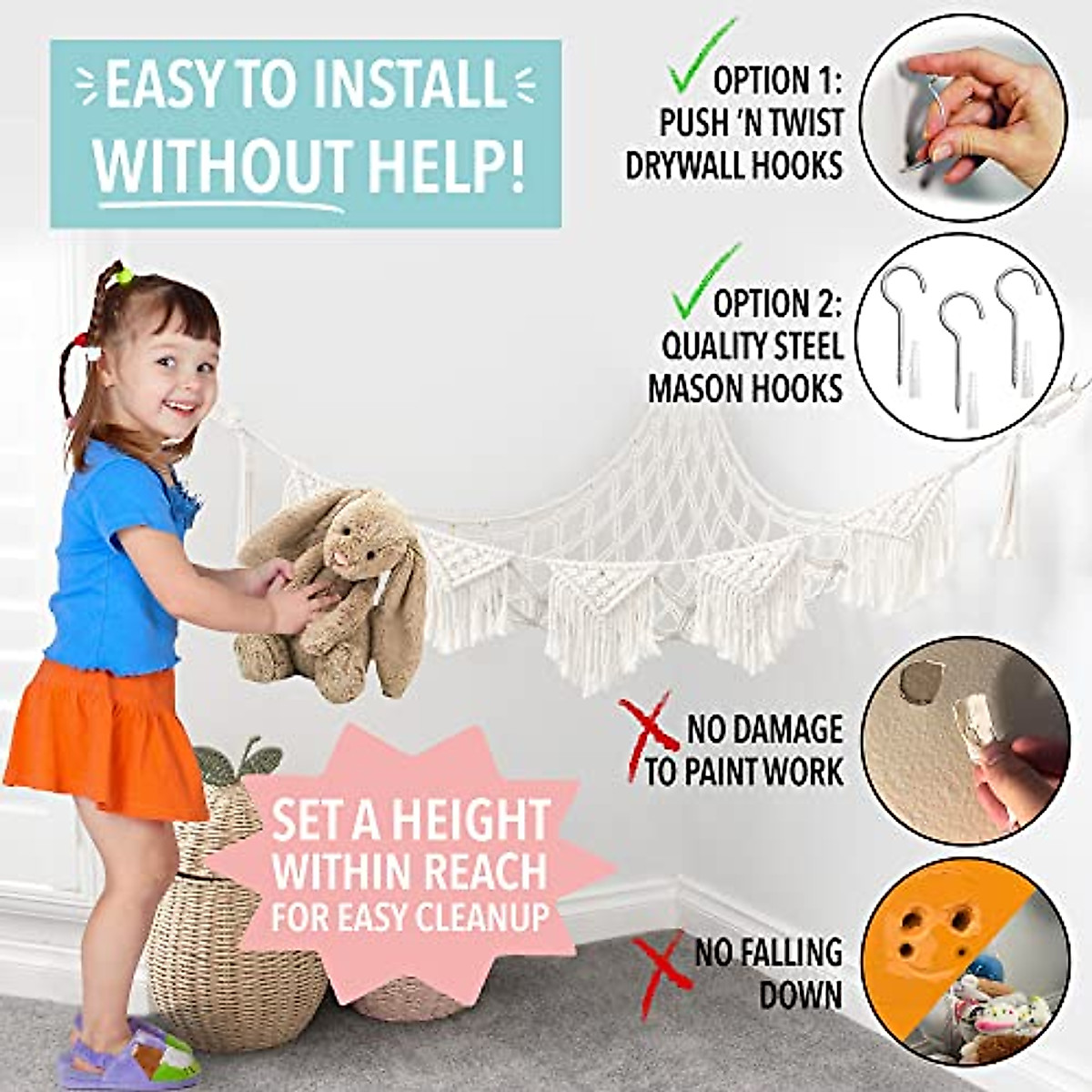 Huddle Macrame Stuffed Animal Hammock for Stuffed Animals - The Original Designer Washable No-Drill Install Toy Net for Stuffed Animals Storage - Boho Stuffed Animal Net Plush Pet Net Corner Display