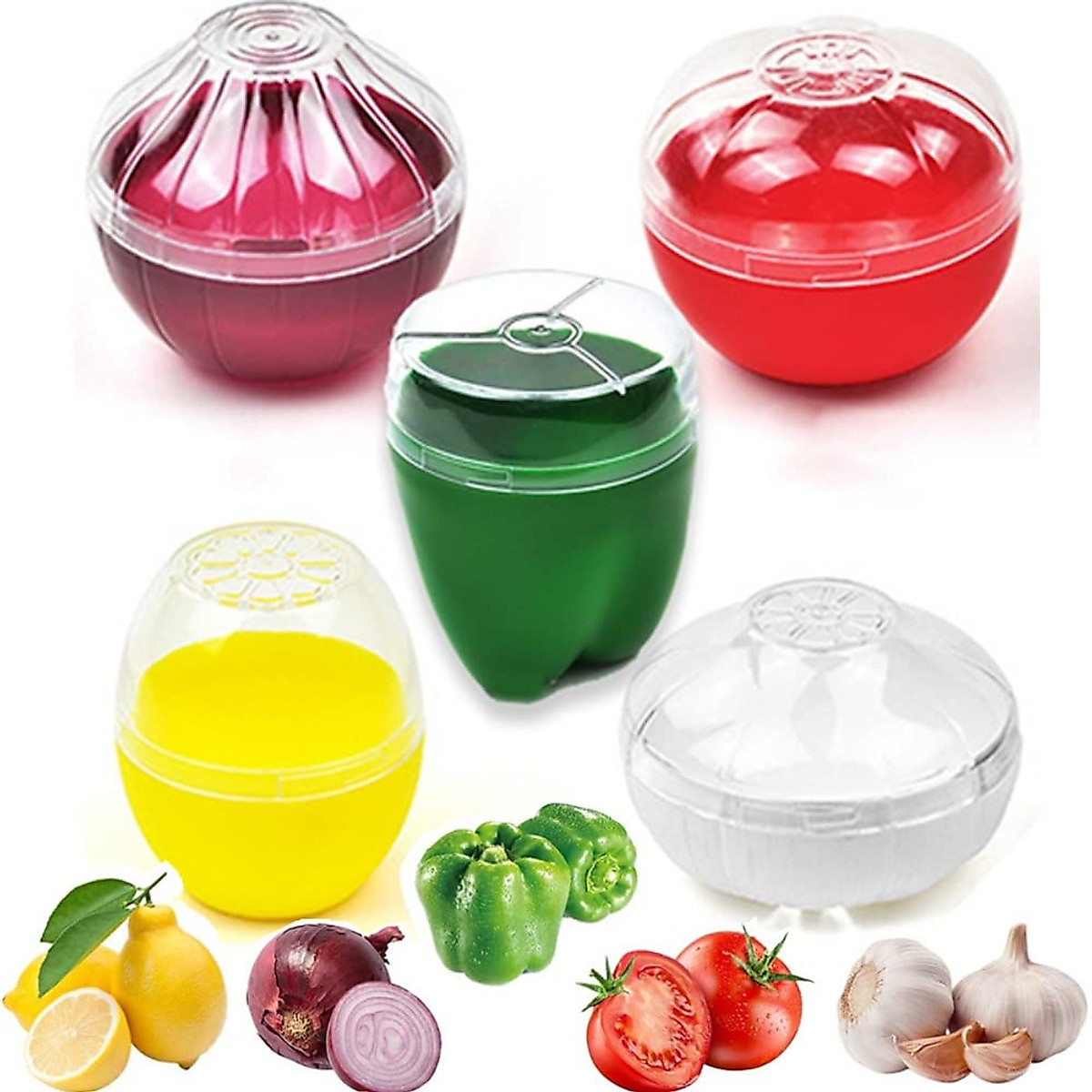 OUKEYI Green pepper, onion, Tomato, Lemon, and garlic transparent Fruit and Vegetable Storage ，Reusable Refrigerator Box Storage Bowls Saver Holder， Storage Keeper Holder for Fridge