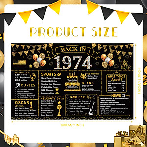 VERAT 50th Birthday Decorations for Men Women, Back in 1974 Birthday Banner, Black Gold 50 Year Old Birthday Party Poster Supplies 1974 Backdrop Photography Background