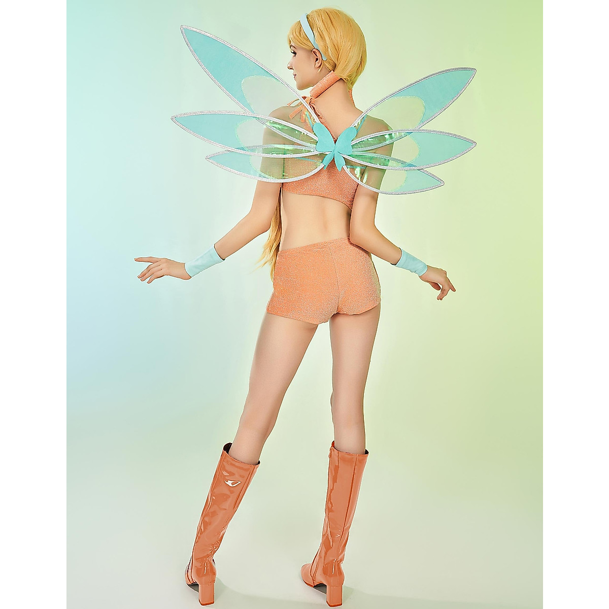 Winx Club Women's Stella Cosplay Fairy Costume Outfit One-shoulder Top and Shorts with a Pair of Wings