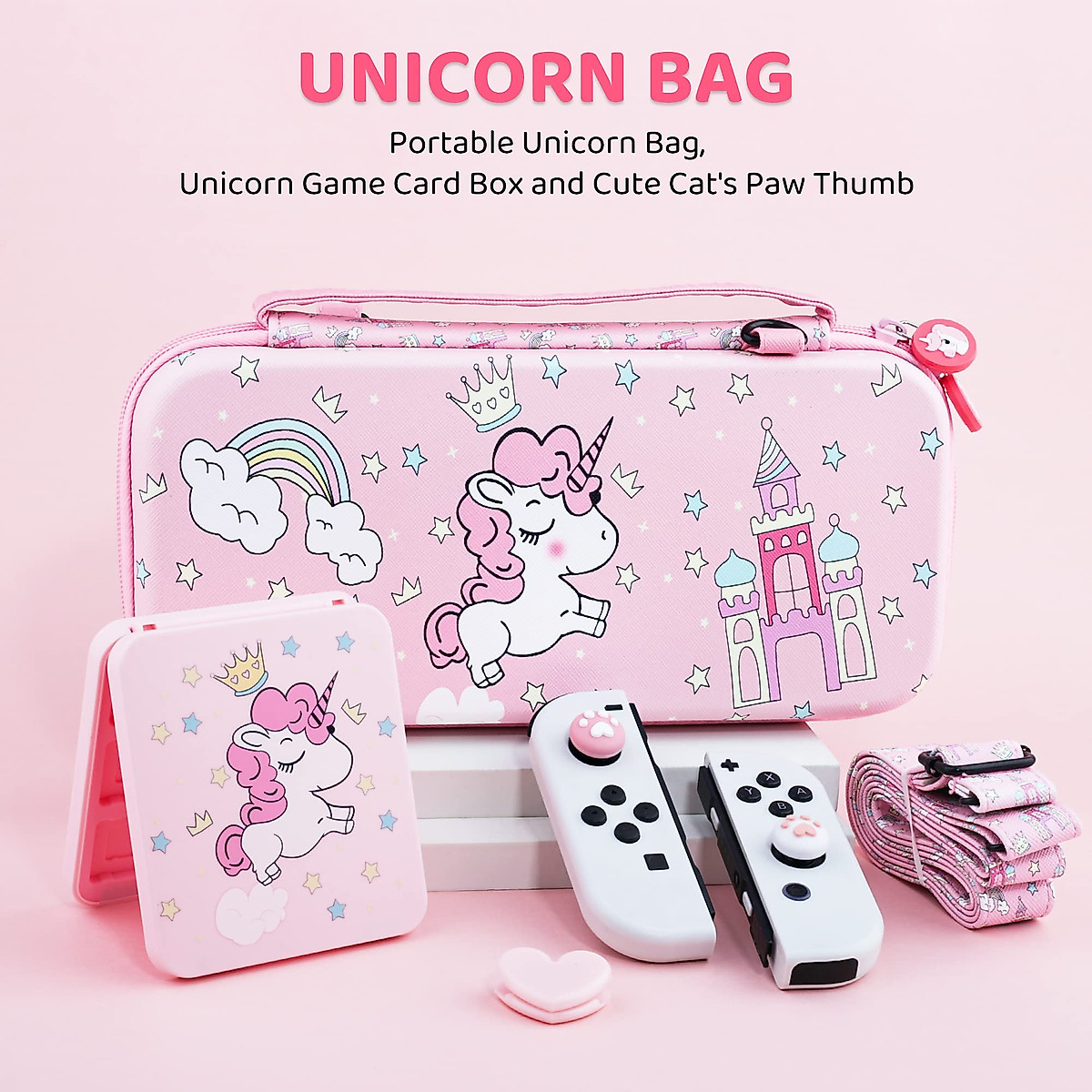 FANPL Carrying Case for Nintendo Switch & OLED Mode, Pink Cute Unicorn Travel Hard Protectiv Cover for Switch with Games Case
