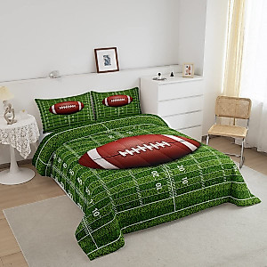 American Football Comforter Set Full,Football Field Abstract Bedding Set 3pcs for Kids Teens Boys Girls Adults Room Decor, Soccer Sport Game Quilt Set Green Brown Duvet Insert with 2 Pillowcases
