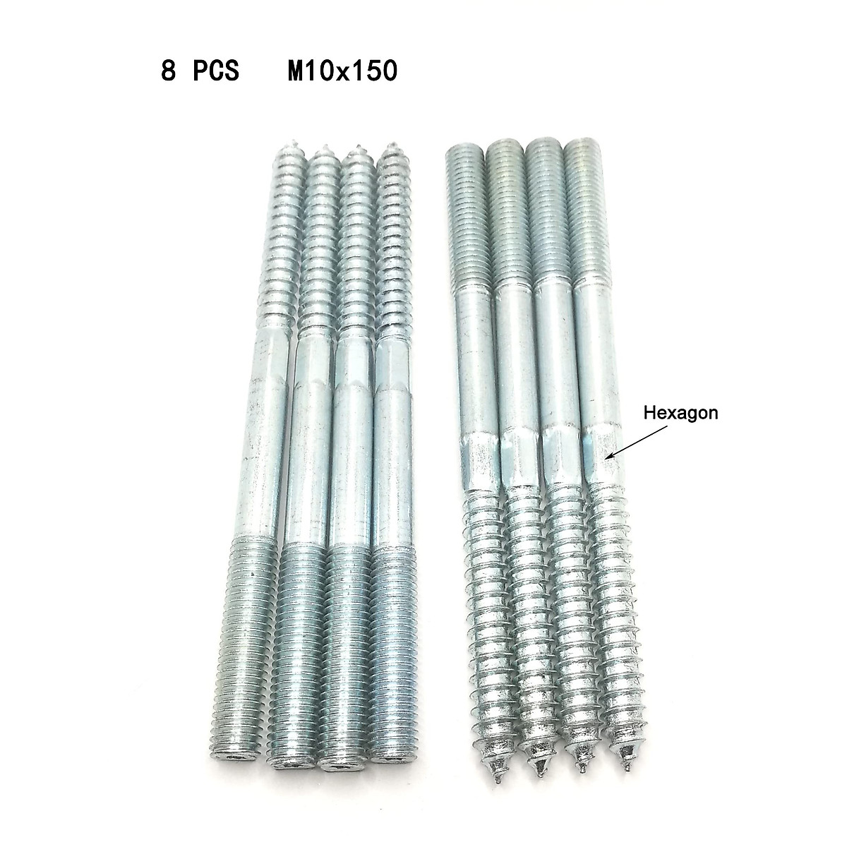 Haozheng Hanger Bolt M10x150 Silvery Double Headed Bolt Self-Tapping Screw with Hexagon for Furniture 8Pcs