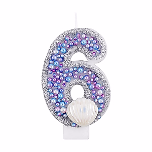 Girls Glitter 6 Birthday Number Candle, Pink Shell Sequins Blue Purple Pearls Number Birthday Candles for Boys Girls Birthday Cakes Mermaid Themed Birthday Decorations Party Supplies Number 6 Candle