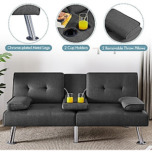66'' Convertible Futon Sofa Bed Modern Folding Small Couch Bed Linen Fabric, Recliner Lounge Sofa for Living Room with 2 Cup Holders, Removable Armrests, Sleeper Loveseat, Futon Set (Black+ Gray)