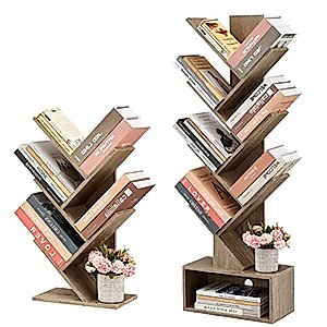 Hoctieon 2-Set Tree Bookshelf, 4 Shelf Bookcase, Modern Book Storage, Free Standing Tree Bookcase, Utility Organizer Shelves for Home Office, Living Room, Bedroom, Light Brown