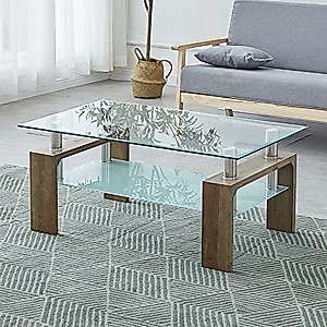 CLIPOP Rectangle Glass Coffee Table w/Tempered Glass Tabletop Stainless Steel Tube, 2-Tier Tea Table, Modern Center Side Table w/Lower Shelf & Wooden Legs for Living Room Guest Reception Room, Oak