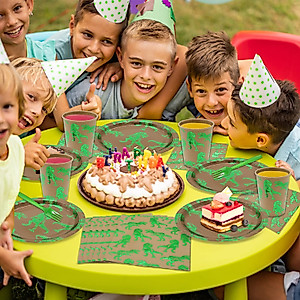 DYLIVeS Green Foil Dinosaur Birthday Party Decorations,Rawr Dinosaur Disposable Tableware Set Dinosaur Rex Party Supplies for Boys, 9'' Dinosaur Dinner Plates and Napkins Cups Forks Set, Serves 24
