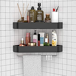 EAQ 2 Pack Corner Shower Shelves, Shower Organizer with 4 Removable Hooks and Towel bar,Adhesive No Drilling Wall Mounted Or Organizer Basket for Washroom/Toilet/Dorm/Kitchen, Matte Black