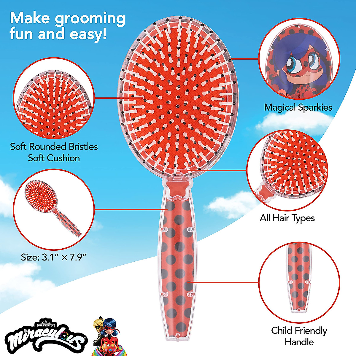 Miraculous Hair Brush with Magical Sparkling Stars Ladybug Confetti Hair Brush - Kids Hair Brush Ages 3+