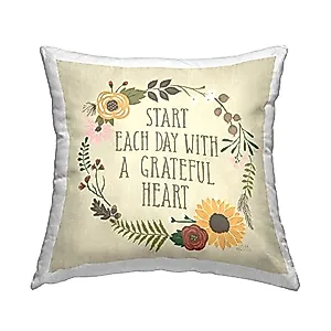 Stupell Industries Grateful Heart Botanical Bordered Phrase Design by Laura Marshall Throw Pillow, 18 x 18, Tan