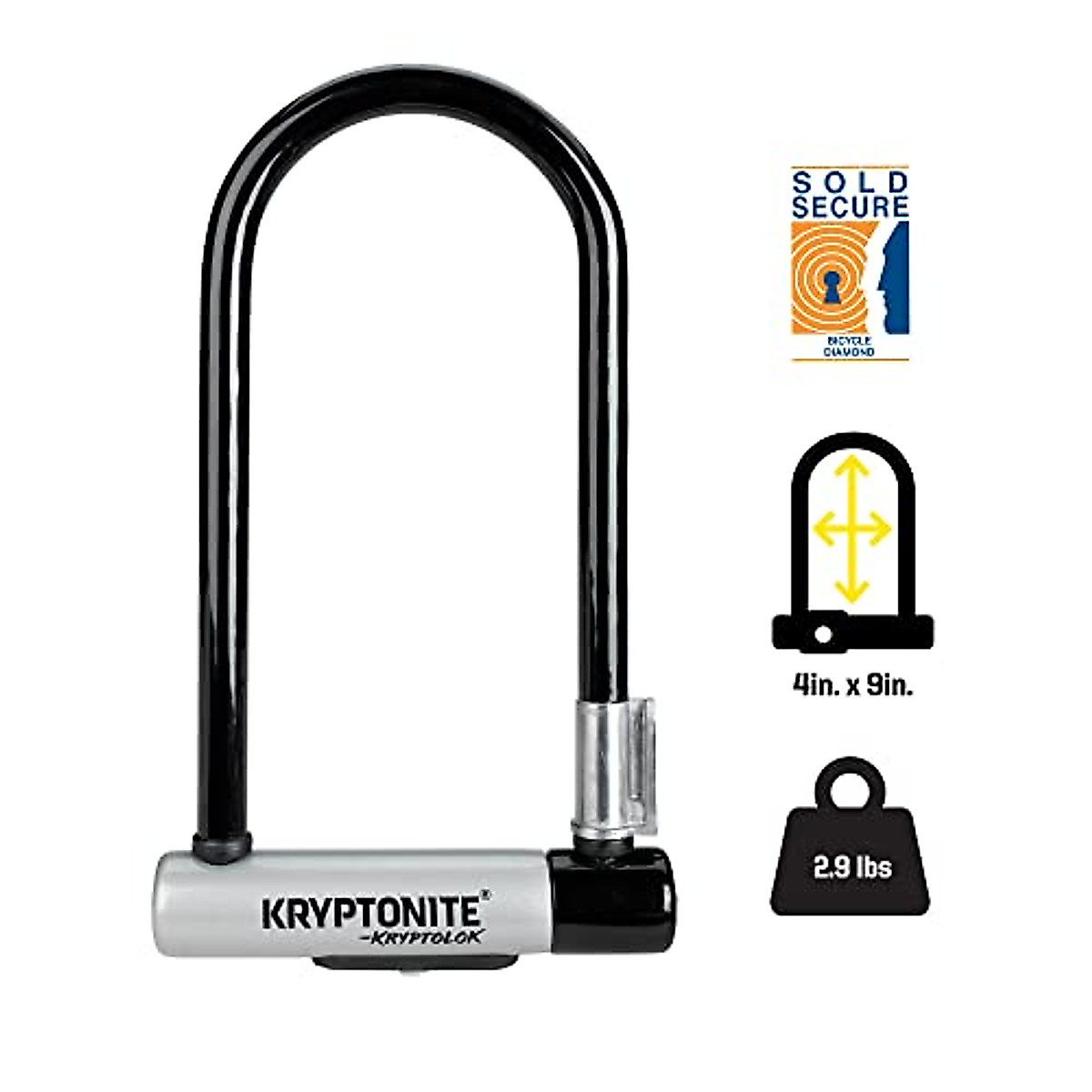 Kryptonite Kryptolok Standard Bike U-Lock, Heavy Duty Anti-Theft Bicycle U Lock, 12.7mm Shackle with Mounting Bracket and Keys, High Security Lock for Bicycles Scooters,Black