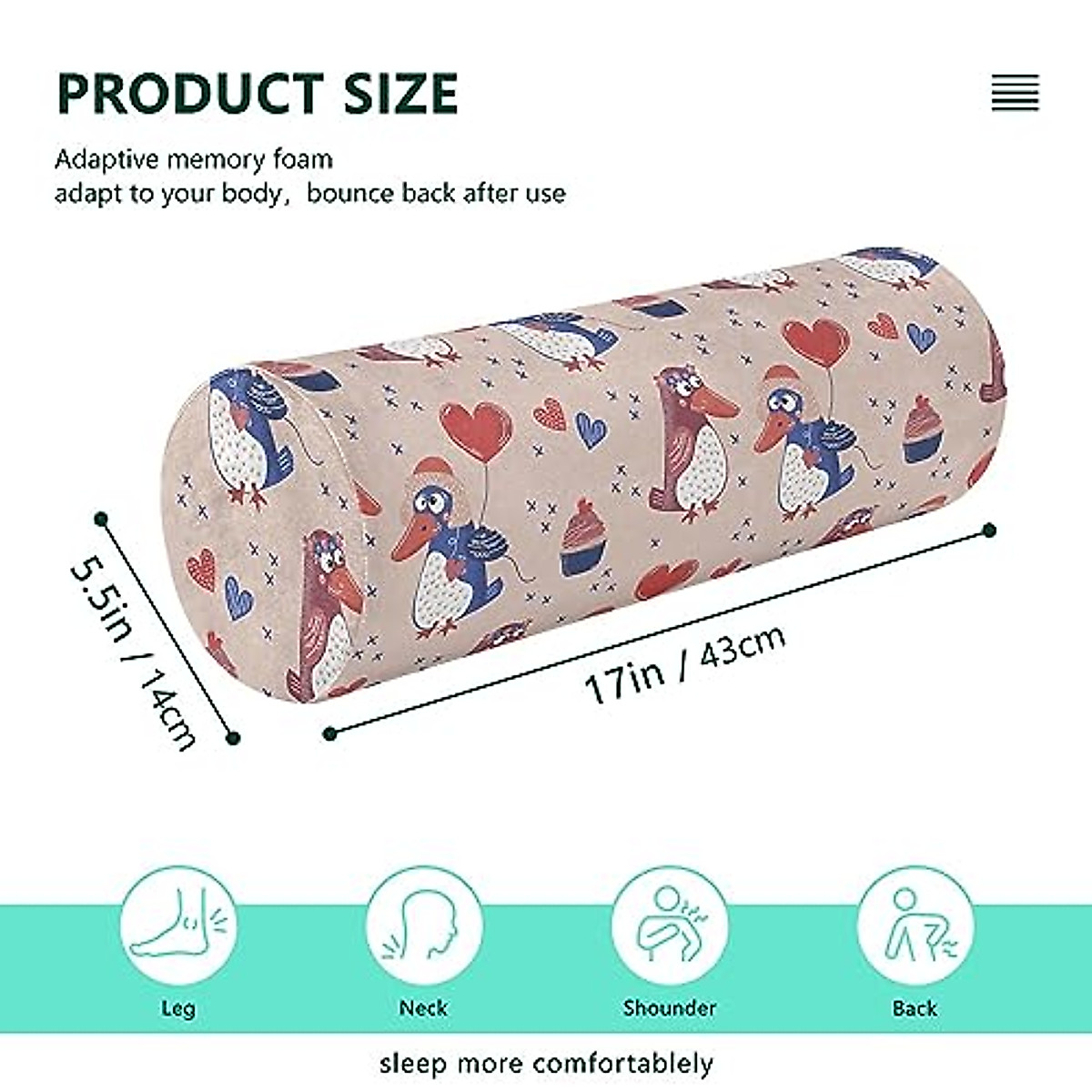 Vnurnrn Cute Penguin Love Neck Support Pillow Round Neck Roll Bolster Cylinder Pillow Cervical Pillows Shoulder Pillow for Leg Knee Back Head Support for Camp Study Work Men