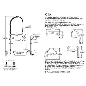 CWM Commercial Sink Faucet with Sprayer 36 inch Commercial Faucet Pre Rinse Sprayer 8 inch Wall Mount Center with 12 inch Add on Spout