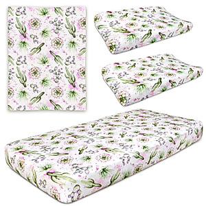 Watercolor Cactus Nursery Decor Set - 1 Crib Sheet, 2 Changing Pad Covers, 1 Minky Baby Blanket
