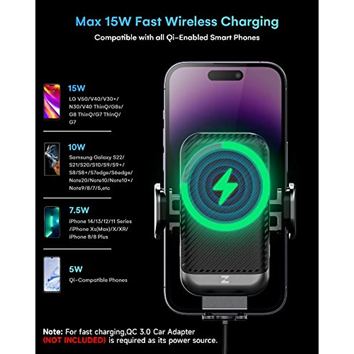 [Cooling Version] ZeeHoo 15W Fast Wireless Car Charger, Auto-Clamping Car Mount, Windshield Dash Air Vent Phone Holder Cooling Charging for iPhone 14 13 12 Pro Max Mini, Samsung S22,etc