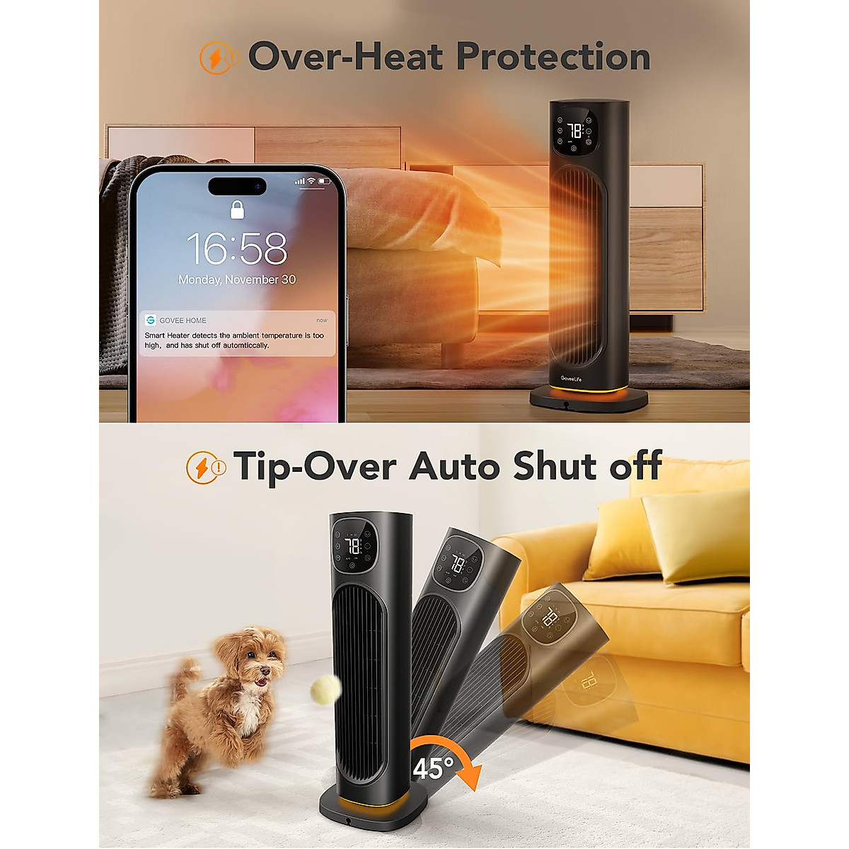 GoveeLife 24" Space Heater, 80° Oscillating Smart Electric Heater with Thermostat, WiFi APP & Voice Control, 4 Mode, 24H Timer, Night Light, 1500W Tower Ceramic Heater for Indoor Use, Large Room