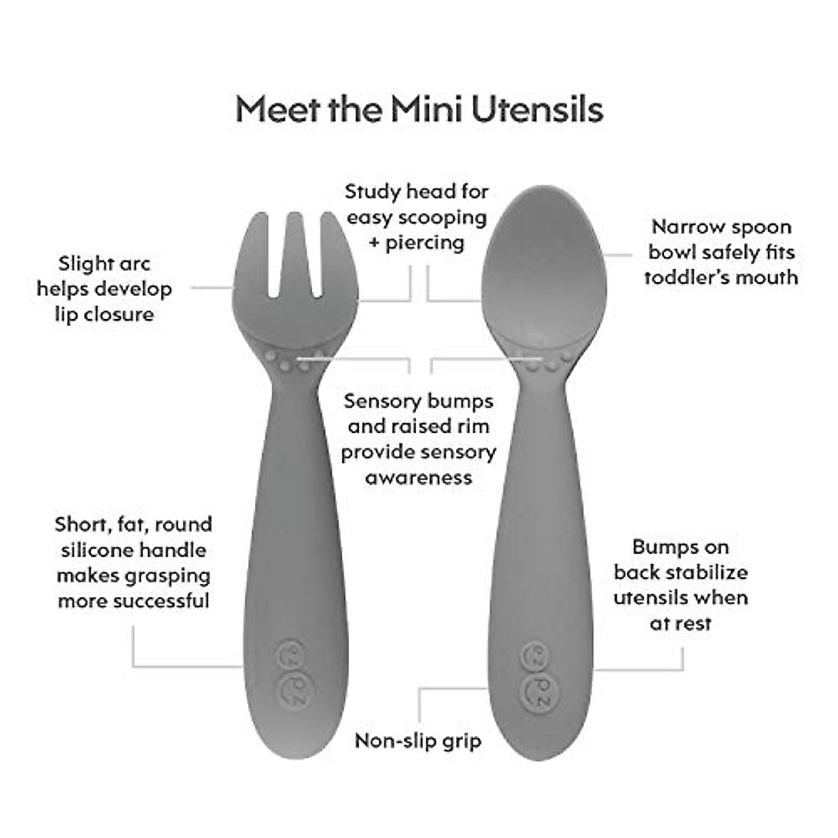 ezpz Mini Utensils (Fork & Spoon in Gray) - 100% BPA Free Fork and Spoon for Toddlers First Foods + Self-Feeding - Designed by a Pediatric Feeding Specialist - 12 Months+