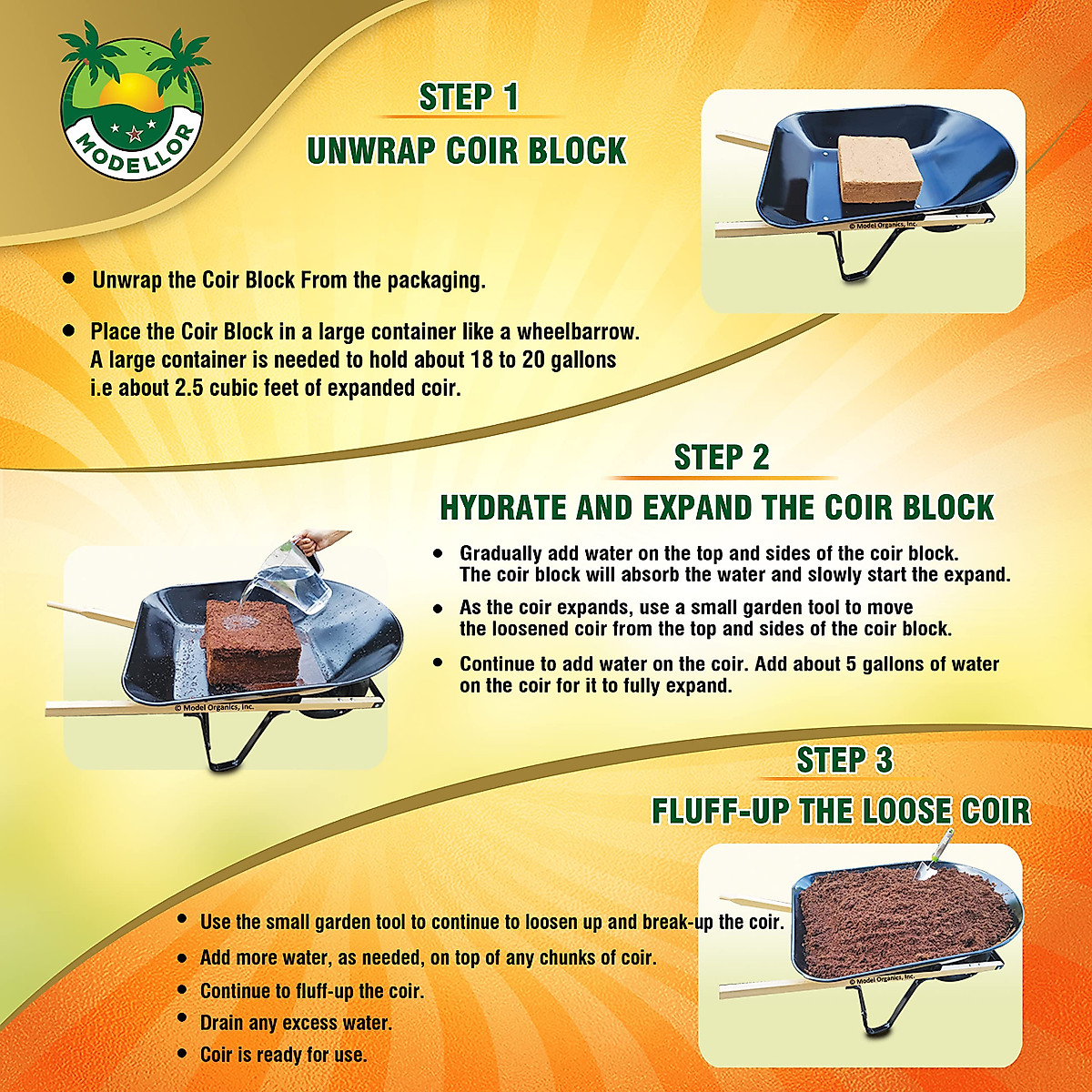 MODELLOR Premium Coco Coir Brick 10 lb., yields 18 to 20 gallons of Coir, Organic, Super Washed, Seed Starter, pH Balanced, Gardening, Indoor, Outdoor use.