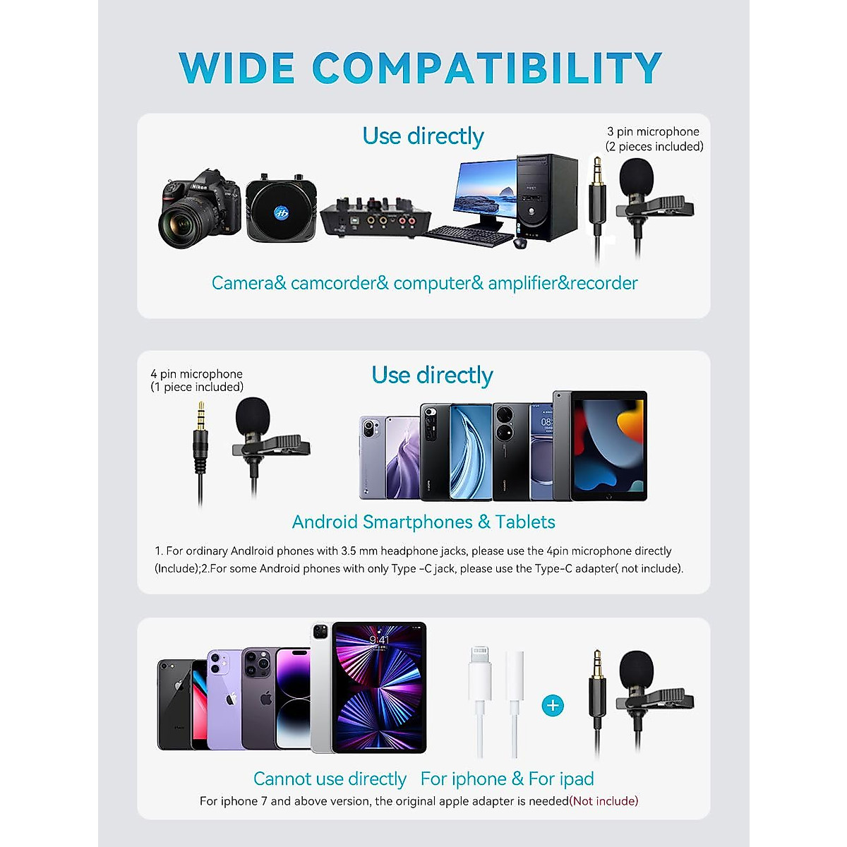 HUACAM Lavalier Lapel Microphone, Portable Collar Clip Mic Compatible with iPhone Android Smartphone Amplifier Podcast PC/Laptop, Hands Free Mic Recording Mic for YouTube,Interview,Video (3 Packs)